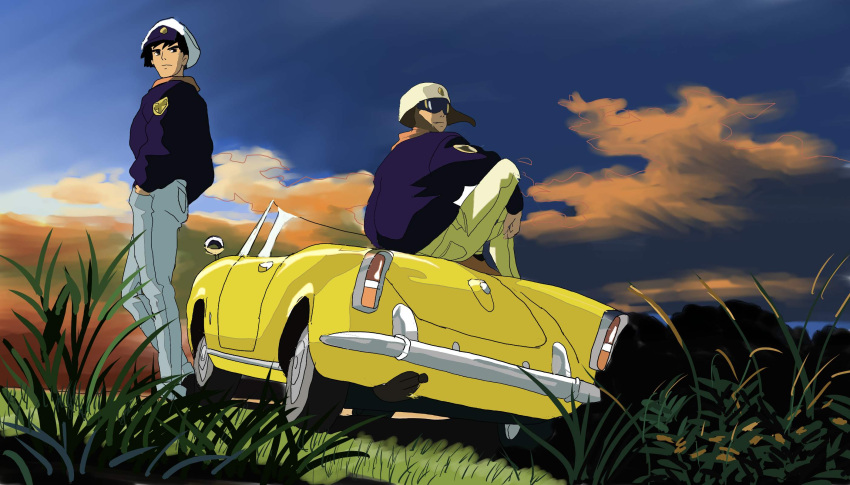 Safebooru - car chobi2733 cloud clouds cloudy sky ghibli goggles hat ...
