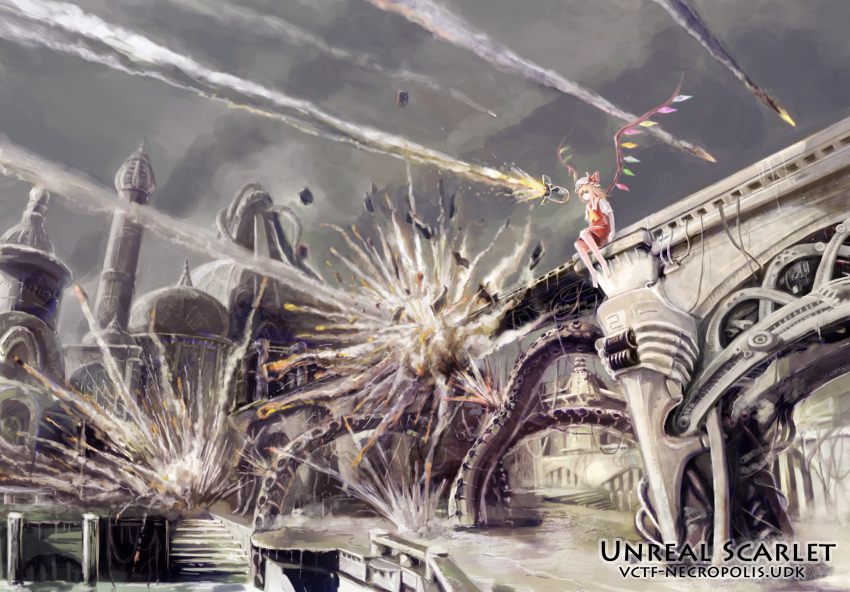 Safebooru - bridge debris explosion flandre scarlet hat highres hjistc redeemer rocket scenery ...