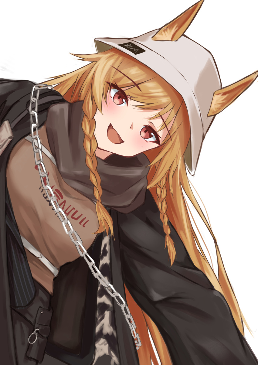 Safebooru - 1girl :d absurdres animal ears arknights black jacket blush braid brown hair brown ...
