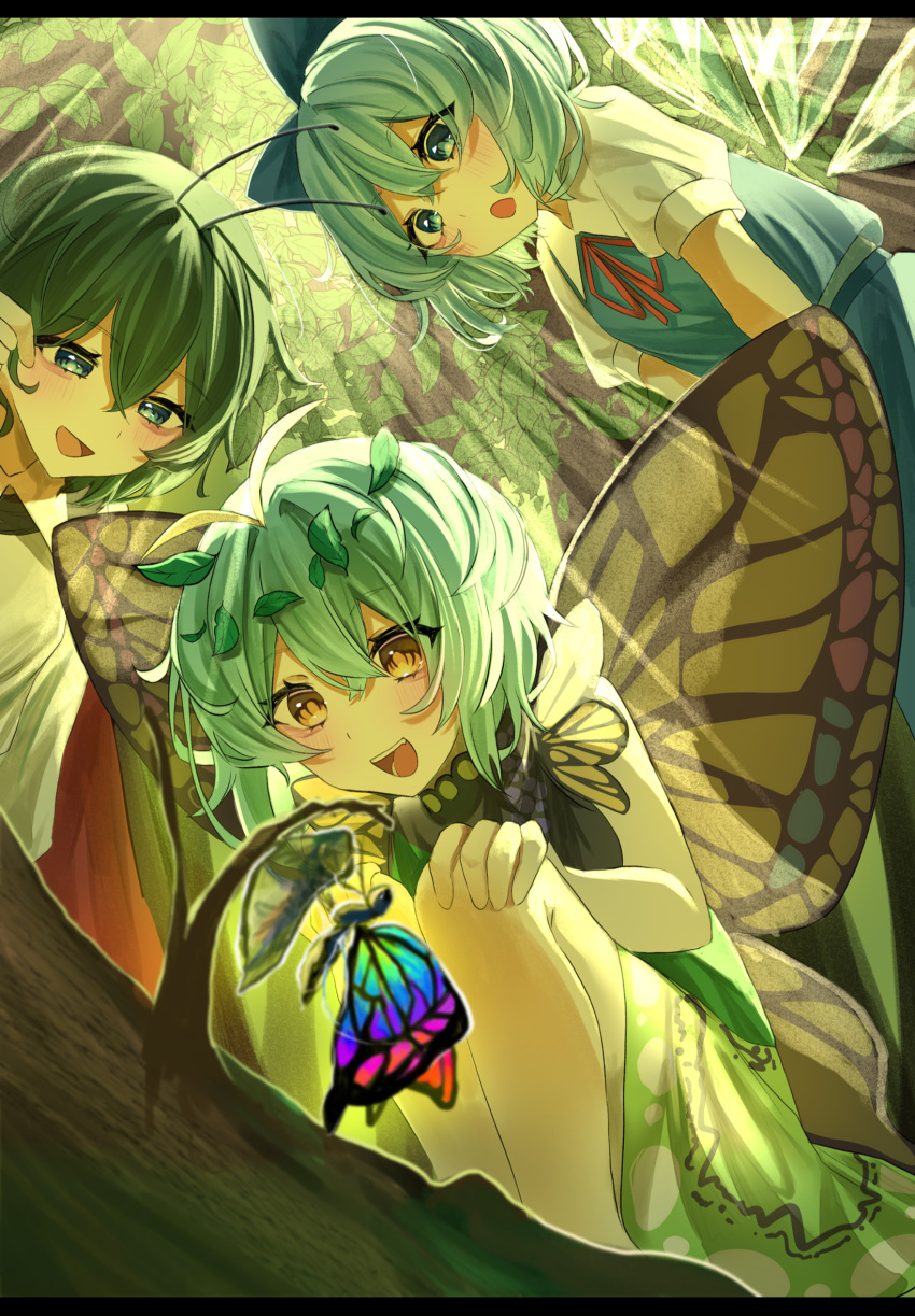 Safebooru - 3girls antennae blue bow blue dress blue eyes blue hair ...