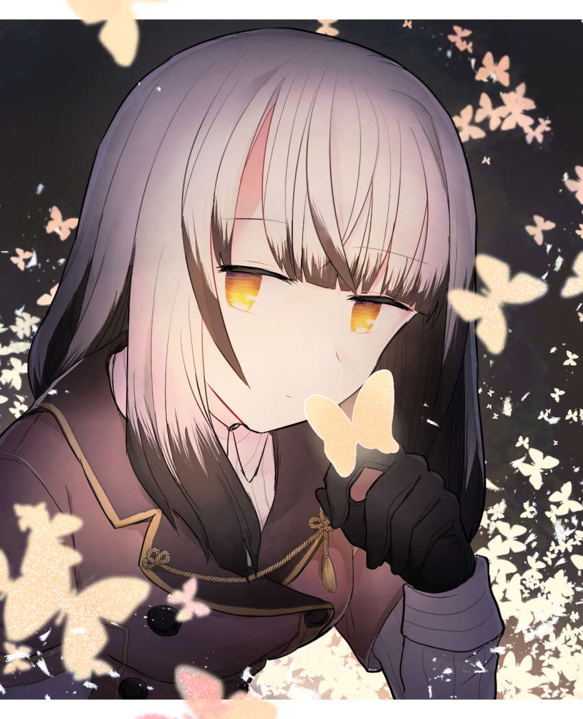Safebooru - 1girl black gloves black hair blunt bangs brown jacket bug butterfly buttons closed ...
