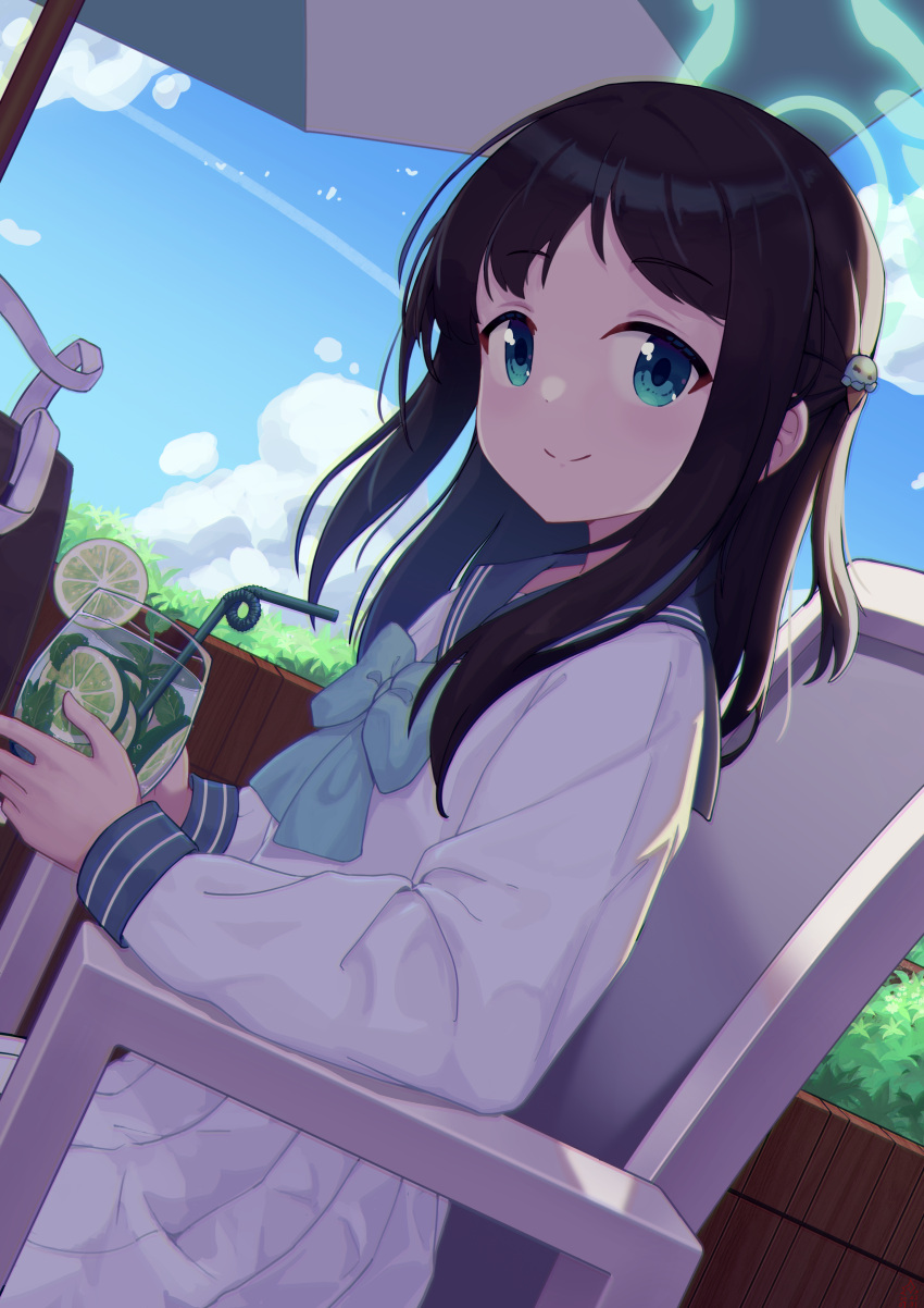 Safebooru - 1girl absurdres airi (blue archive) aqua halo blue archive brown hair chair ...
