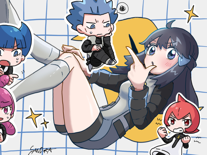 Safebooru - 2girls 3boys ahoge blue eyes blue hair boots chibi chibi inset cyrus (pokemon) grey ...