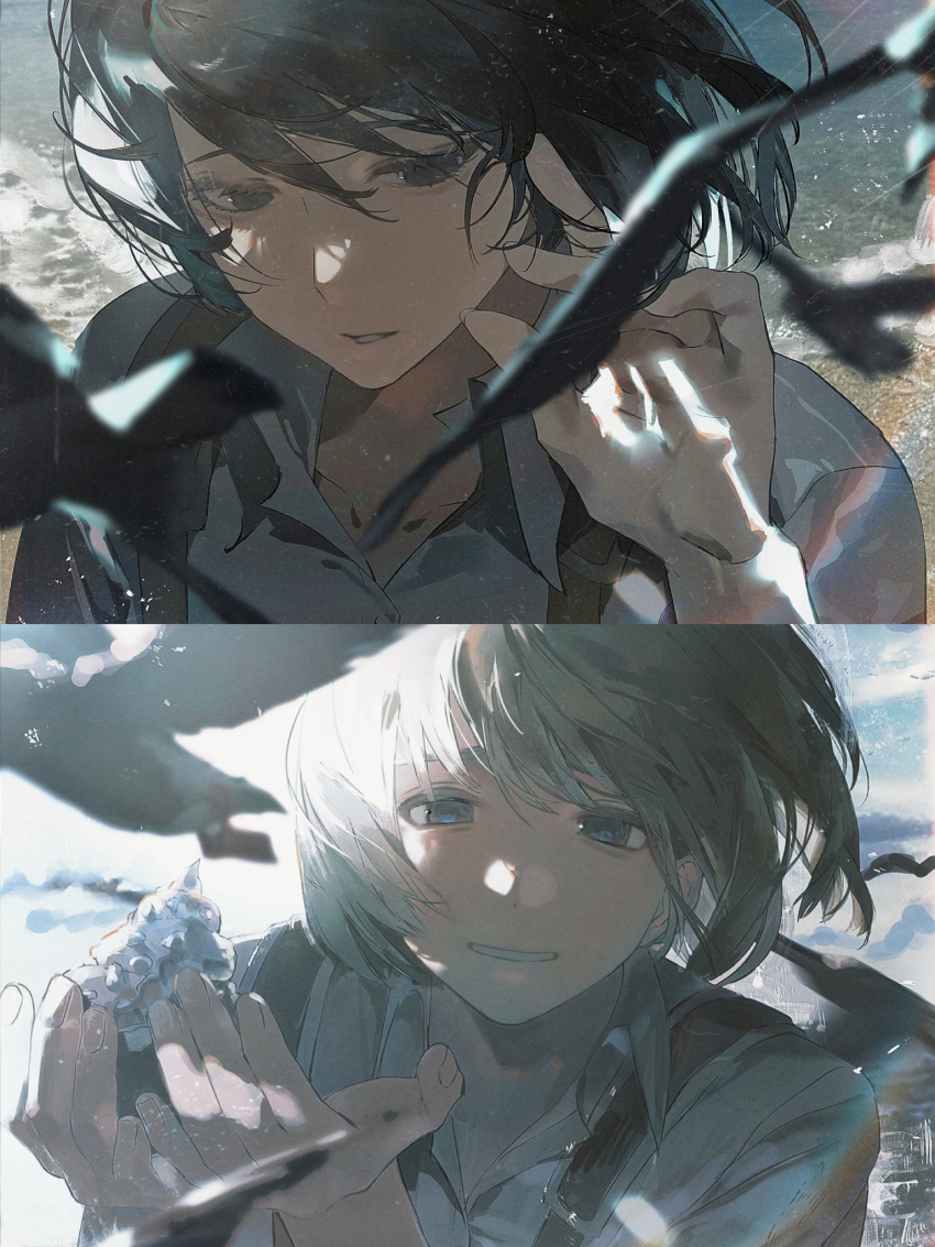 Safebooru - 1boy 1girl armin arlert beach bird black hair blonde hair ...