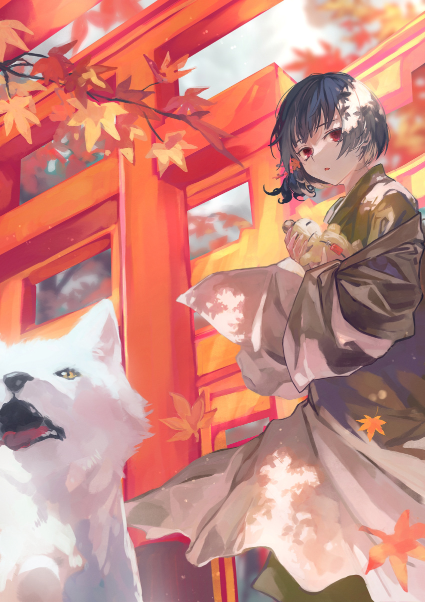 Safebooru - 1girl autumn leaves black hair brown kimono dog doll falling leaves highres holding ...