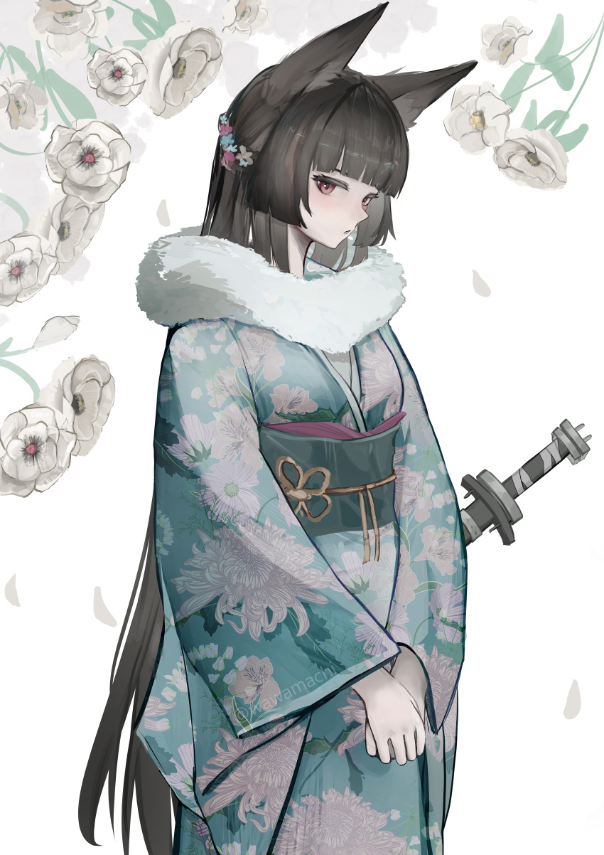 Safebooru - 1girl absurdres alternate costume animal ears aqua kimono black hair commentary ...