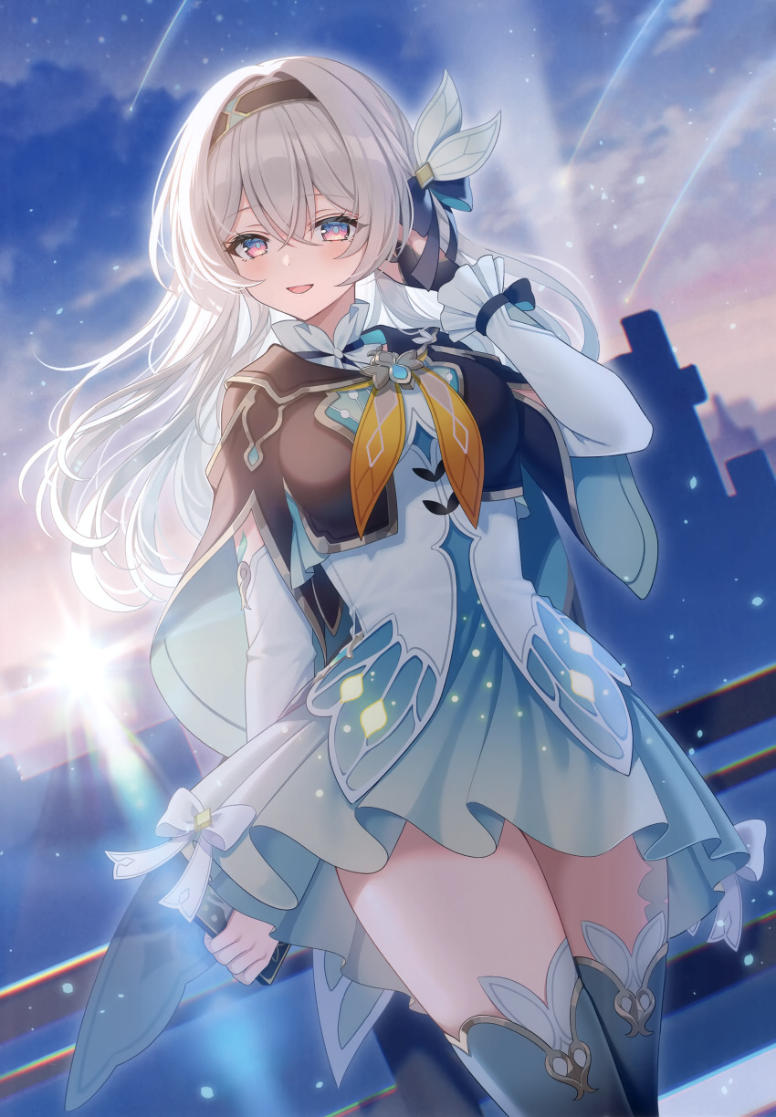 Safebooru - 1girl :d absurdres adjusting hair aqua thighhighs arm behind back black hairband ...