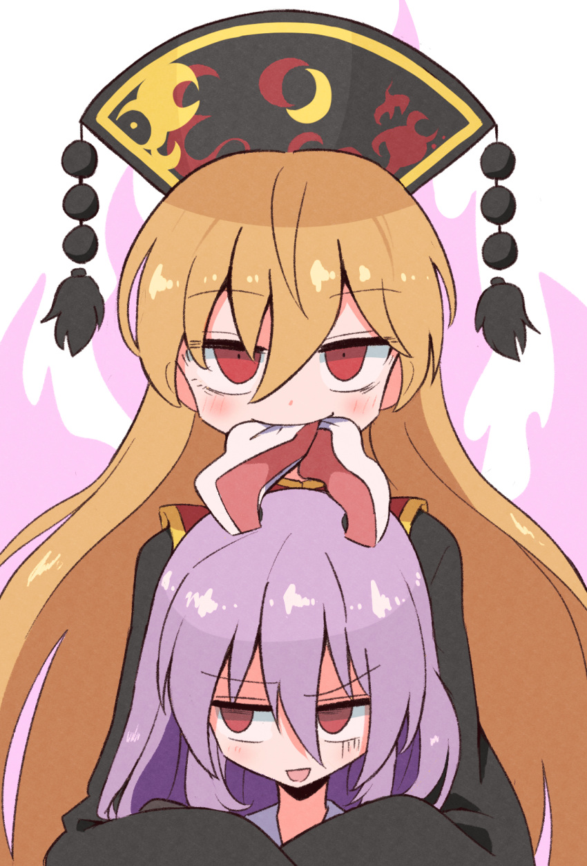 Safebooru - 2girls animal ears biting biting ear black hat blonde hair hair between eyes hat ...