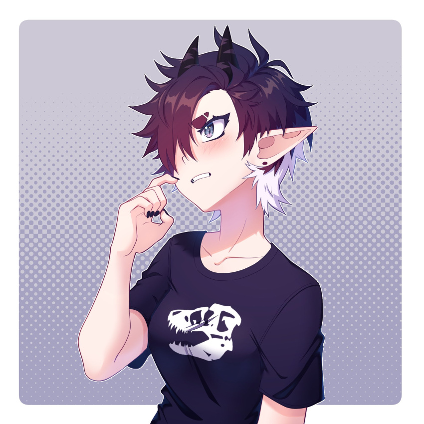 Safebooru 1girl Black Shirt Blush Breasts Brown Hair Clenched Teeth 0659