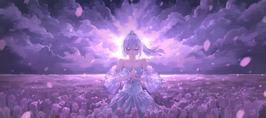 Safebooru - 1girl absurdres bare shoulders closed eyes closed mouth clouds cloudy sky detached ...
