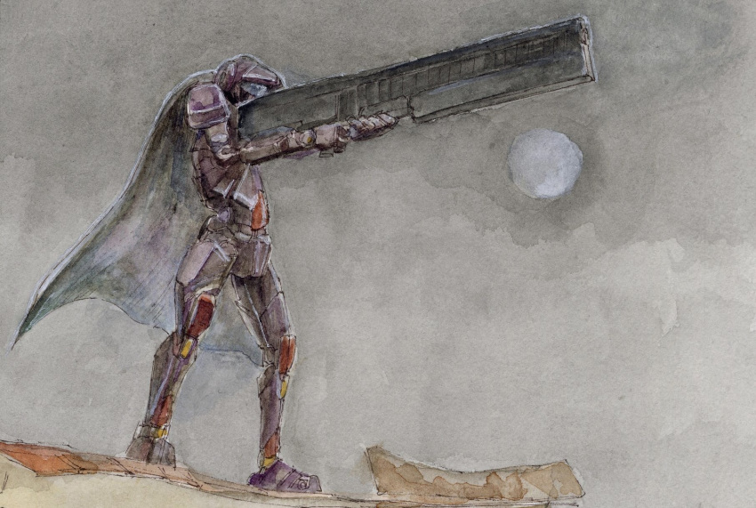 Safebooru - aiming cape grey sky gun highres holding holding gun ...