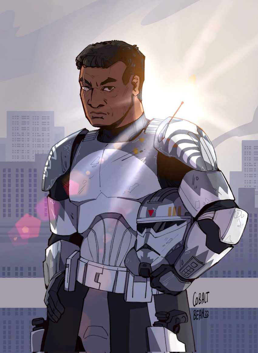 Safebooru - 1boy armor artist name black hair building cityscape clone ...