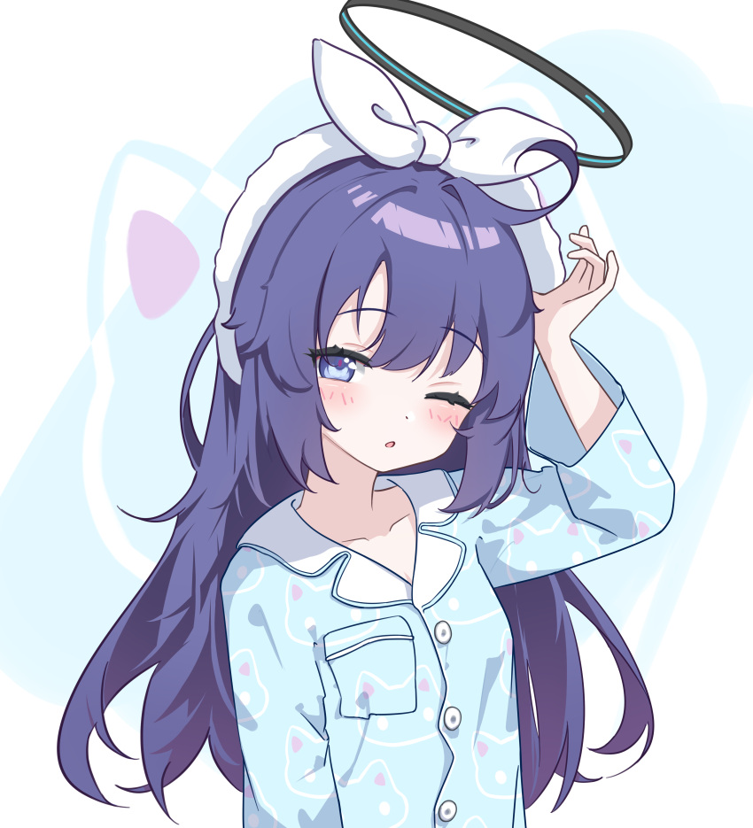 Safebooru - 1girl absurdres animal print arm at side black halo blue archive blue eyes blue hair ...
