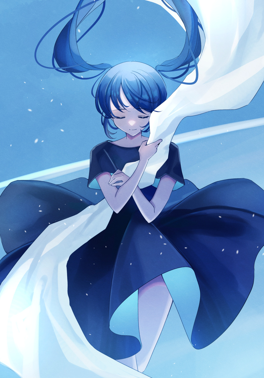 Safebooru - 1girl absurdres black dress blue background blue hair closed eyes closed mouth ...