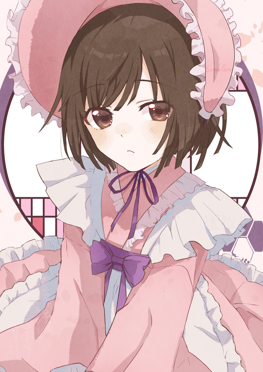Safebooru - 1girl absurdres artist name bonnet brown eyes brown hair ...