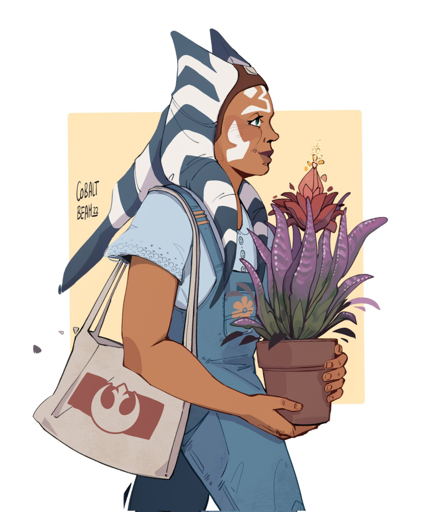 Safebooru - 1girl ahsoka tano alien artist name bag blue eyes blue overalls blue shirt cobalt ...