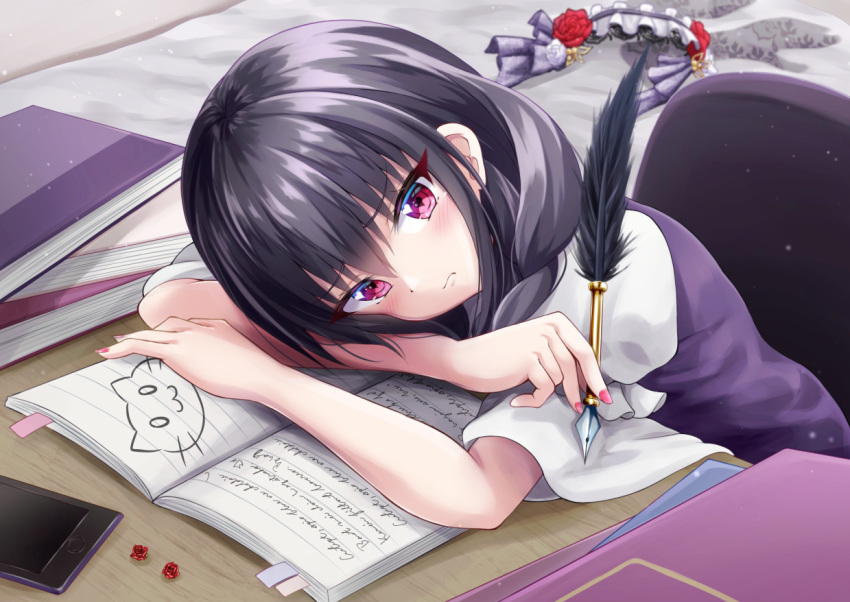 Safebooru - 1girl arms on table bed blush book book stack bookmark cellphone chair closed mouth ...