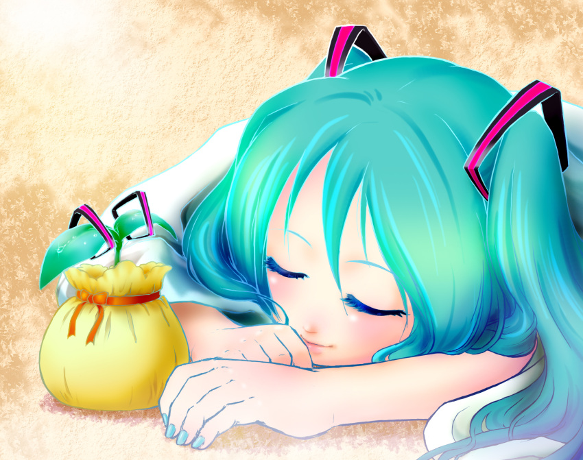Safebooru - 1girl aqua eyes aqua hair aqua nails artist request bag blush closed eyes hatsune ...