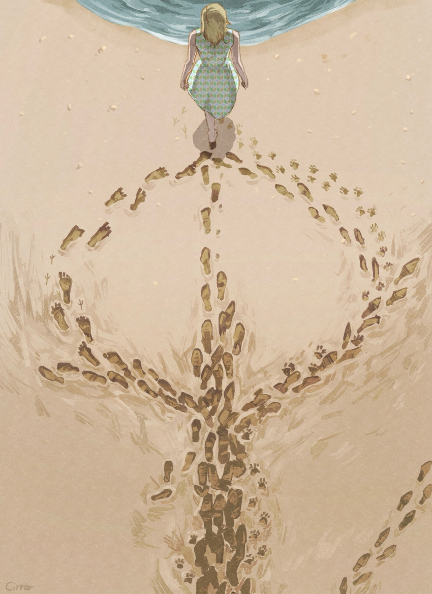 Safebooru - 1girl barefoot beach blonde hair crrr-lake dress footprints ...