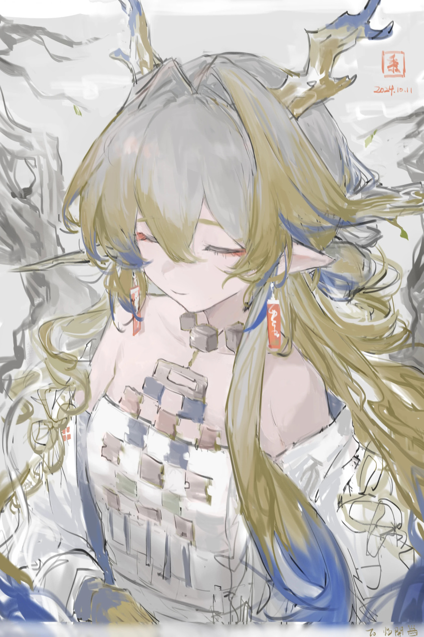 Safebooru - 1girl absurdres antlers arknights bare shoulders closed eyes dated detached sleeves ...