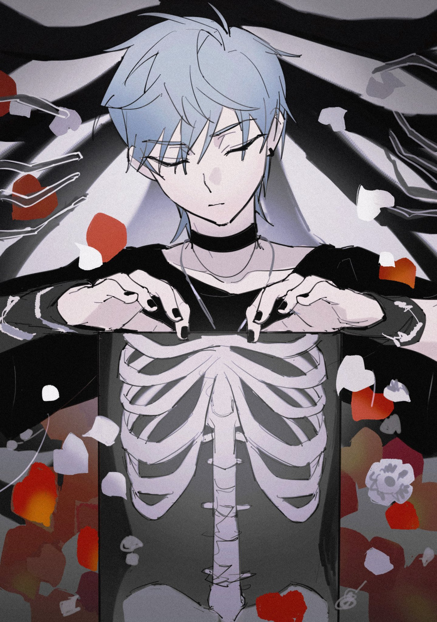 Safebooru - 1boy alien stage black choker black nails black shirt choker closed eyes closed ...