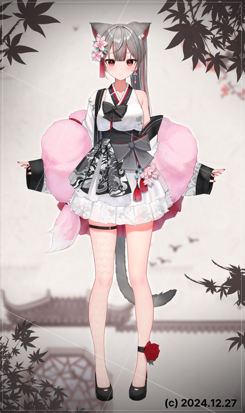 Safebooru - 1girl absurdres animal ears black bow black footwear bow cat ears cat tail closed ...