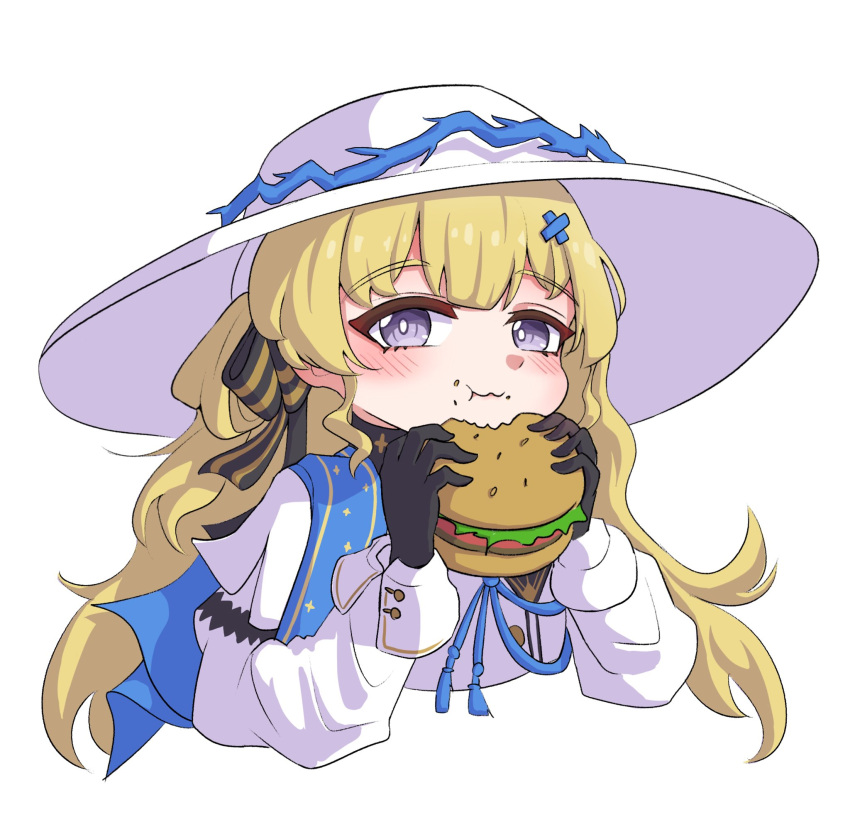 Safebooru - 1girl black gloves blonde hair blush burger closed mouth eating english text food ...