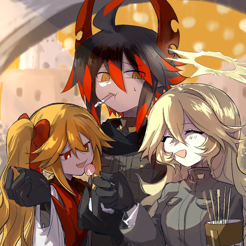 Safebooru - 1boy 2girls angel angel wings black hair blonde hair demon ...