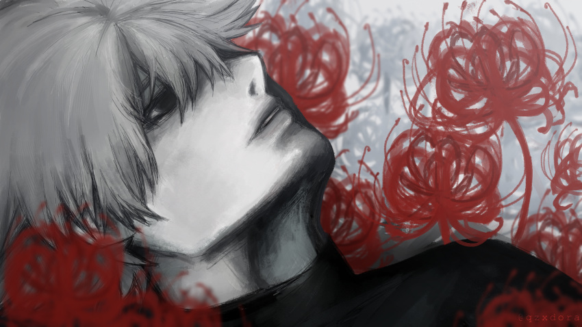Safebooru - black eyes colored skin flower highres kaneki ken looking ...