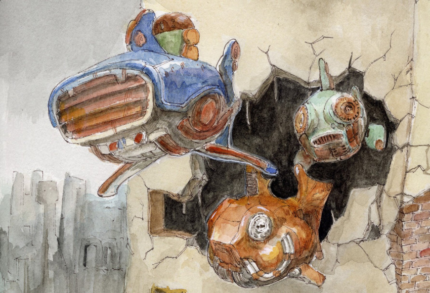 Safebooru - brick wall building crack fish flying grey sky highres no ...