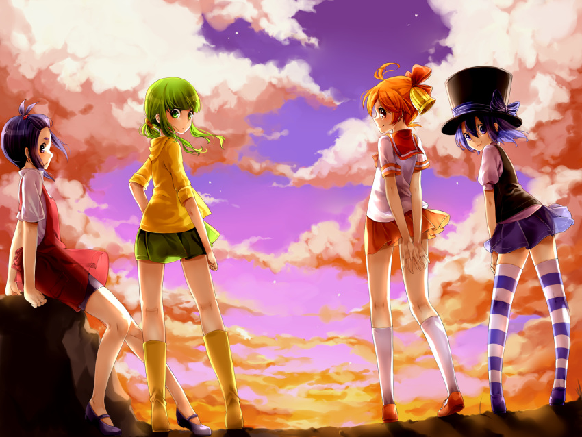 Safebooru Blue Eyes Blue Hair Boots Clouds Green Eyes Green Hair Hat 9332
