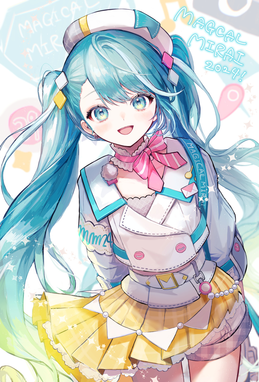 Safebooru - 1girl :d absurdres aqua eyes aqua hair bangs pinned back beads belt beret breasts ...