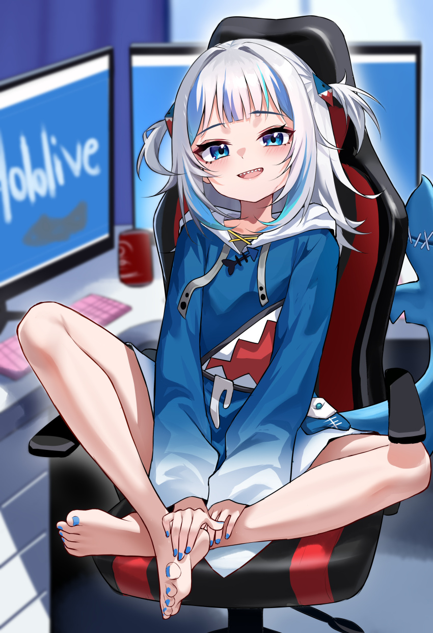 Safebooru - 1girl :d absurdres amamiyayk animal costume barefoot blue eyes blue hair blue hoodie ...