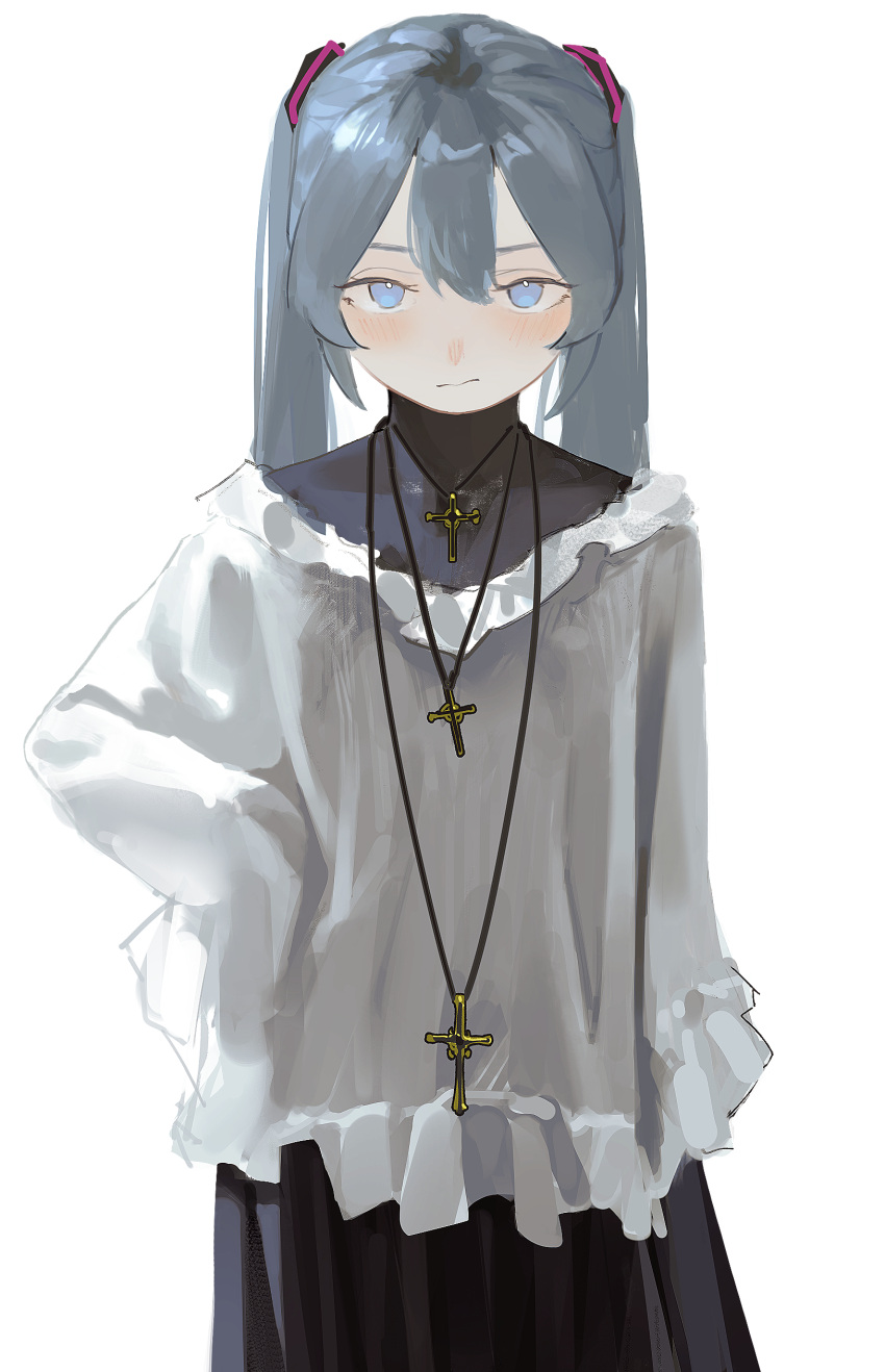 Safebooru - 1girl absurdres black shirt black skirt blue eyes blue hair blush closed mouth ...