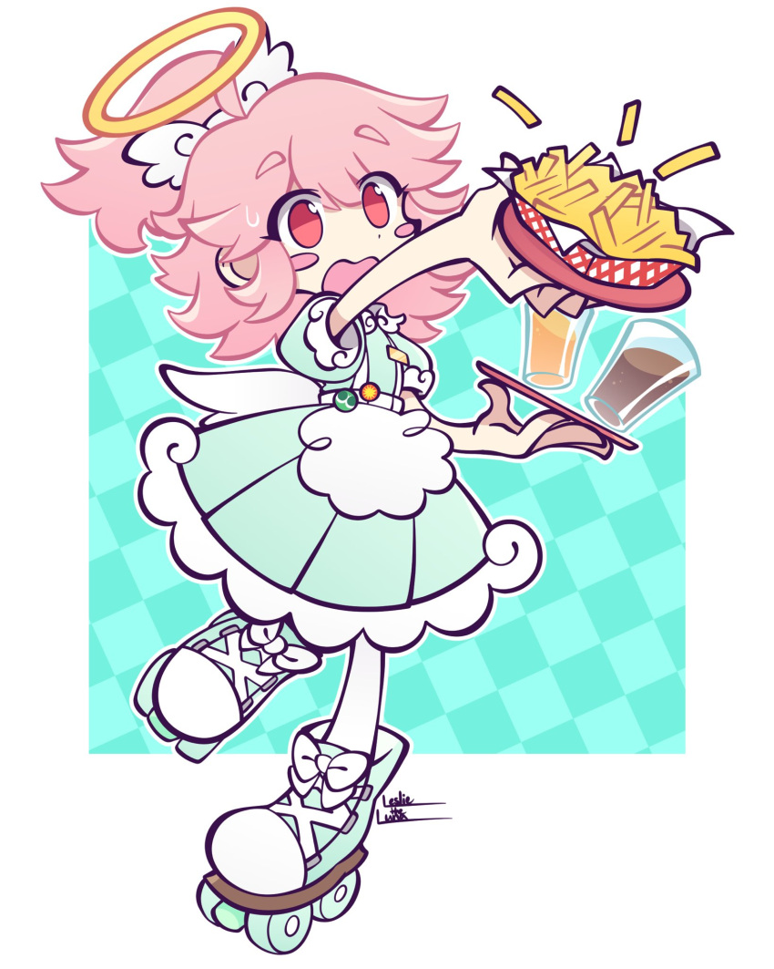 Safebooru - 1girl angel apron aqua background arm up blonde hair blush ...