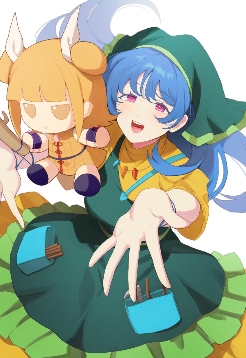 Safebooru - 1girl :d absurdres blue hair character doll commentary request cowboy shot dress ...