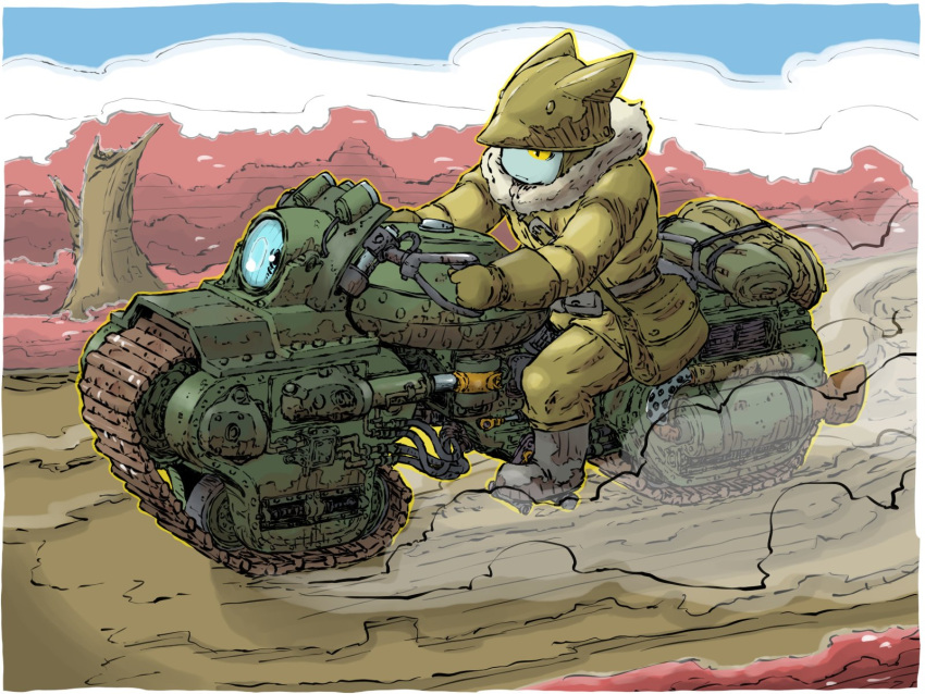 Safebooru - blue sky caterpillar tracks day dieselpunk dust cloud gun ...
