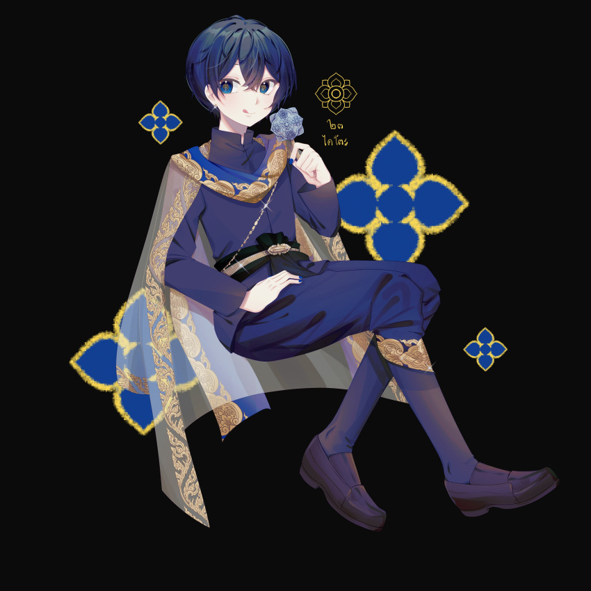 Safebooru - 1boy :d absurdres black background black footwear blue eyes blue hair blue pants ...