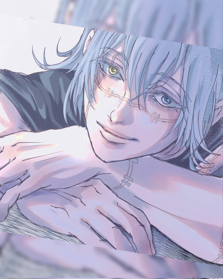 Safebooru - 1boy bishounen blue eyes blue hair closed mouth head on arm head rest heterochromia ...