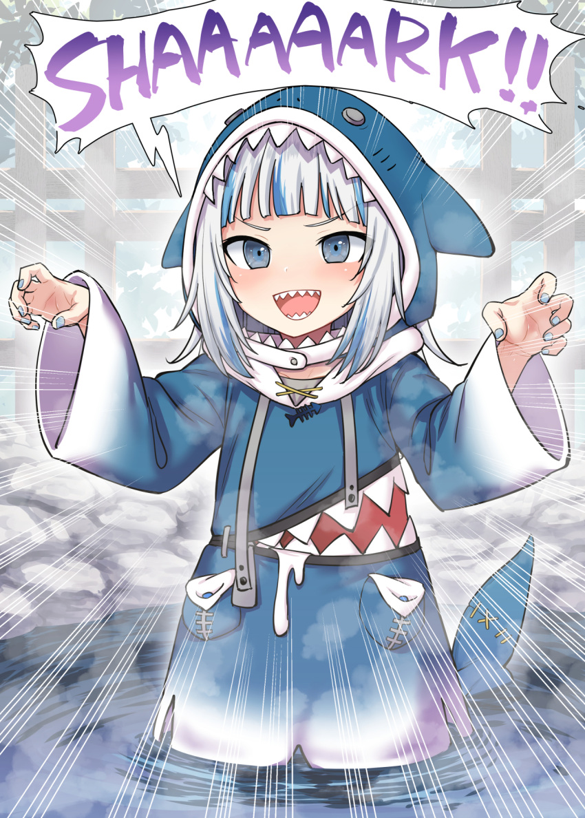 Safebooru - 1girl animal hood blue eyes blue hair blue nails blunt bangs blush english text fins ...