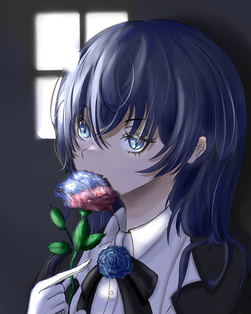 Safebooru - 1girl absurdres ado (utaite) black bow black bowtie blue eyes blue flower blue hair ...