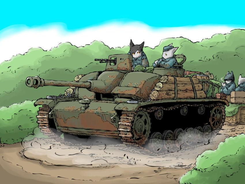 Safebooru - 4boys blue sky cannon crate day dirt road furry gun highres ...