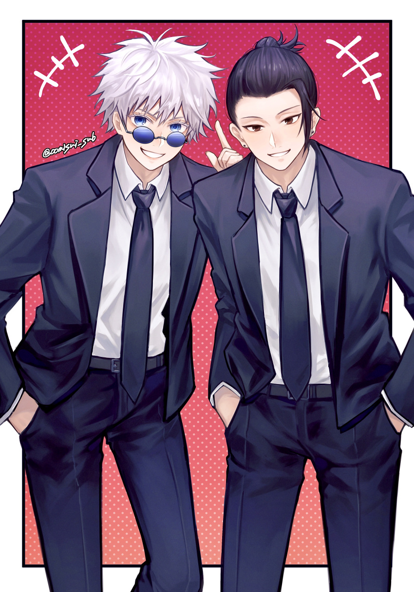 Safebooru - 2boys absurdres black hair black jacket black necktie black pants black suit blue ...