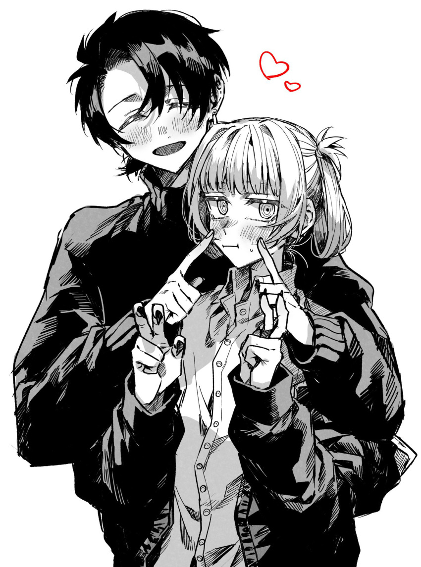 Safebooru - 1boy 1girl :d :i @ @ blush cheek poking closed eyes double v funa2001 hair rings ...