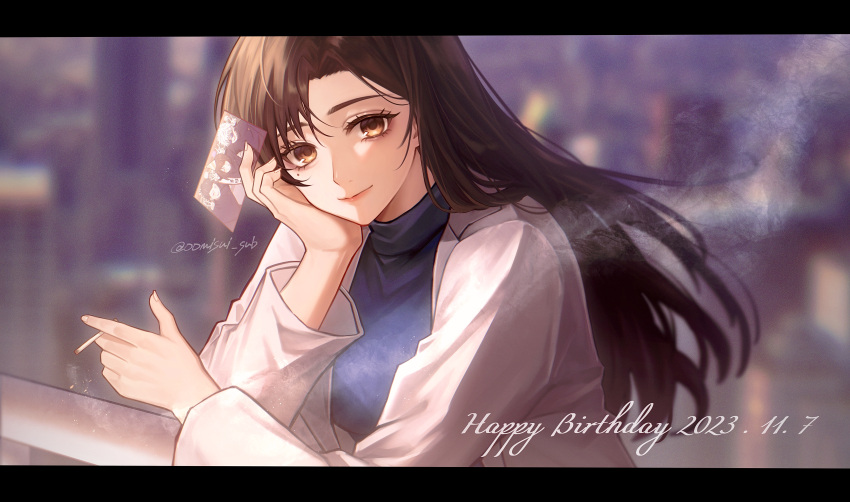 Safebooru - 1girl absurdres black shirt brown eyes brown hair cigarette closed mouth getou ...