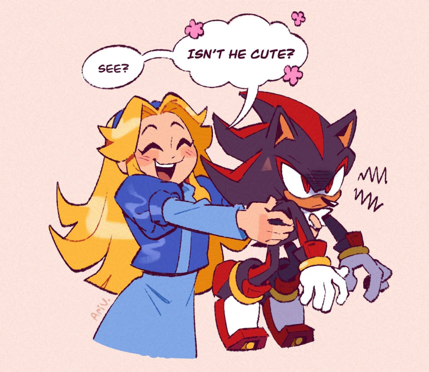 Safebooru - 1boy 1girl :d ari vsart black fur blonde hair blue dress ...