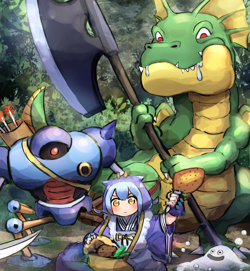 Safebooru 1girl Axe Blue Hair Blue Kimono Character Request Dragon 0087