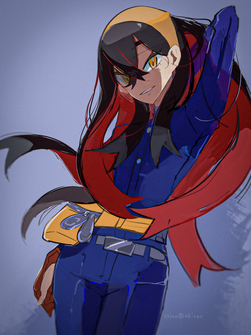 Safebooru - 1girl arm up artist name belt black hair blue background blue pants blue shirt ...