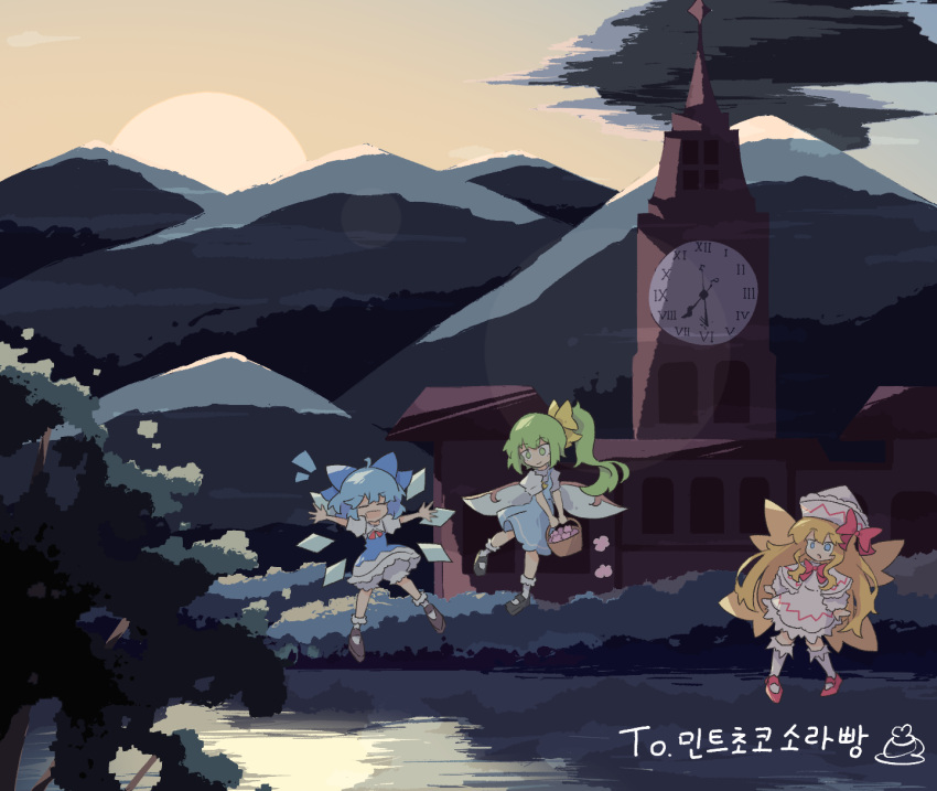 Safebooru - 3girls basket blonde hair blue bow blue dress blue hair bow ...