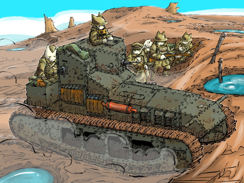 Safebooru - 5boys bolt action brodie helmet coat combat helmet exhaust ...